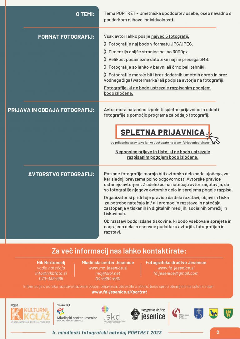 razpis: mladinski natečaj PORTRET 2023 | | Fotografska zveza Slovenije